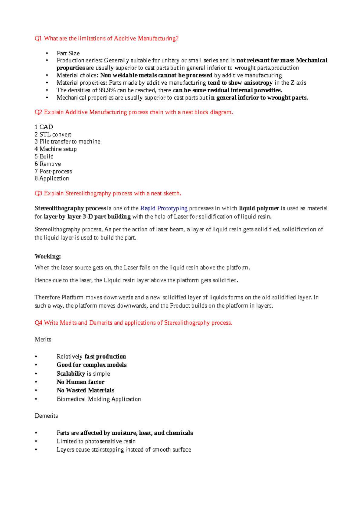 Additive Manufacturing Notes - Q1 What are the limitations of Additive ...