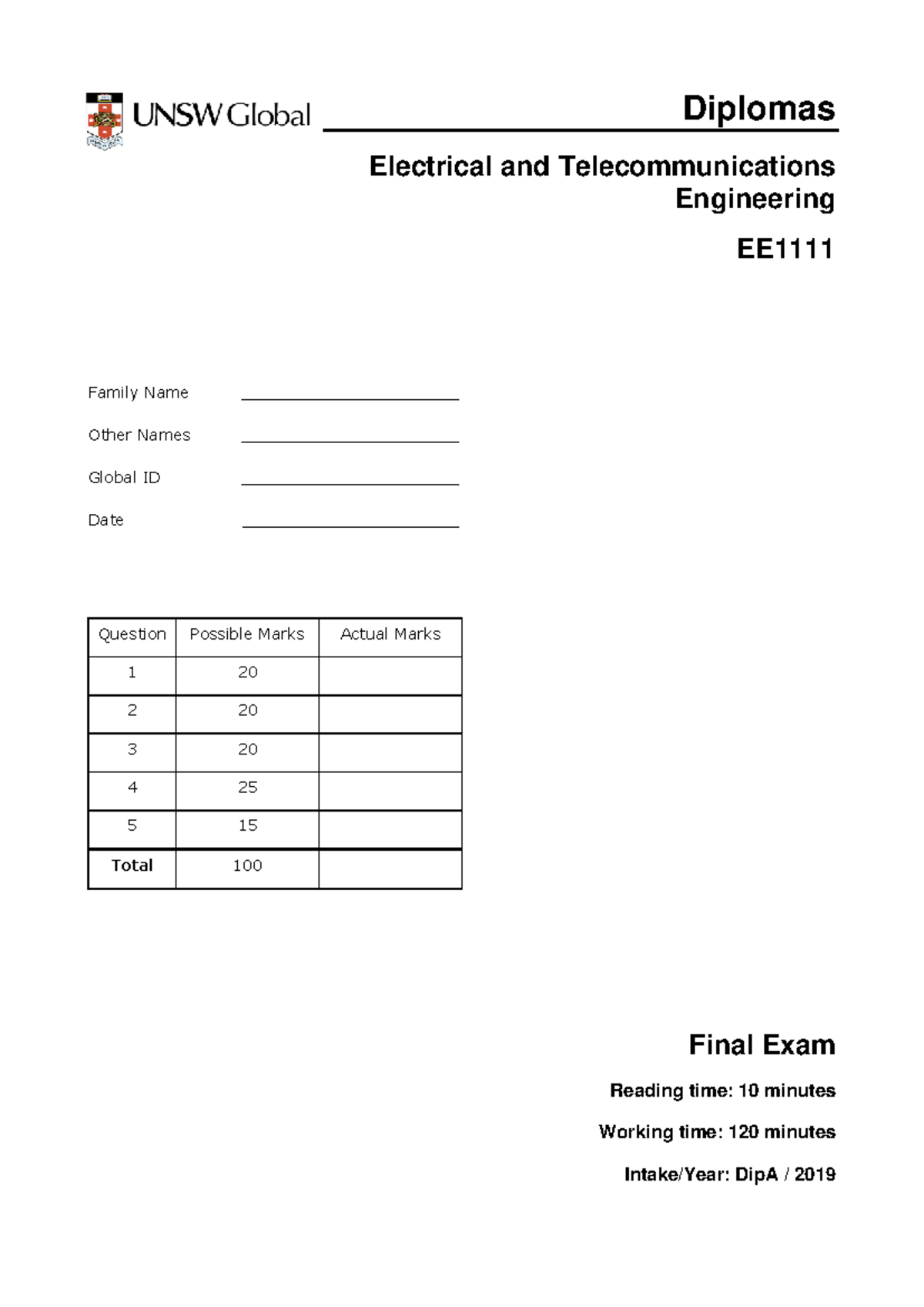 EE1111 Dip A 2019 Final Exam: Electrical & Telecommunications ...