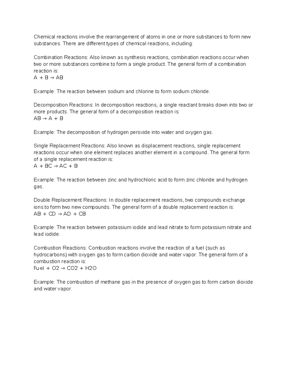 Chemical reactions notes - Chemical reactions involve the rearrangement ...