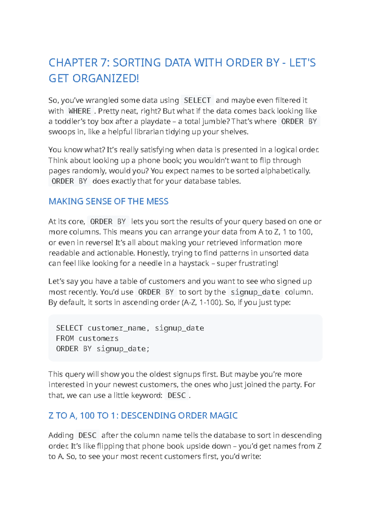 CHAPTER 7: Sorting Data with ORDER BY in SQL - Studocu