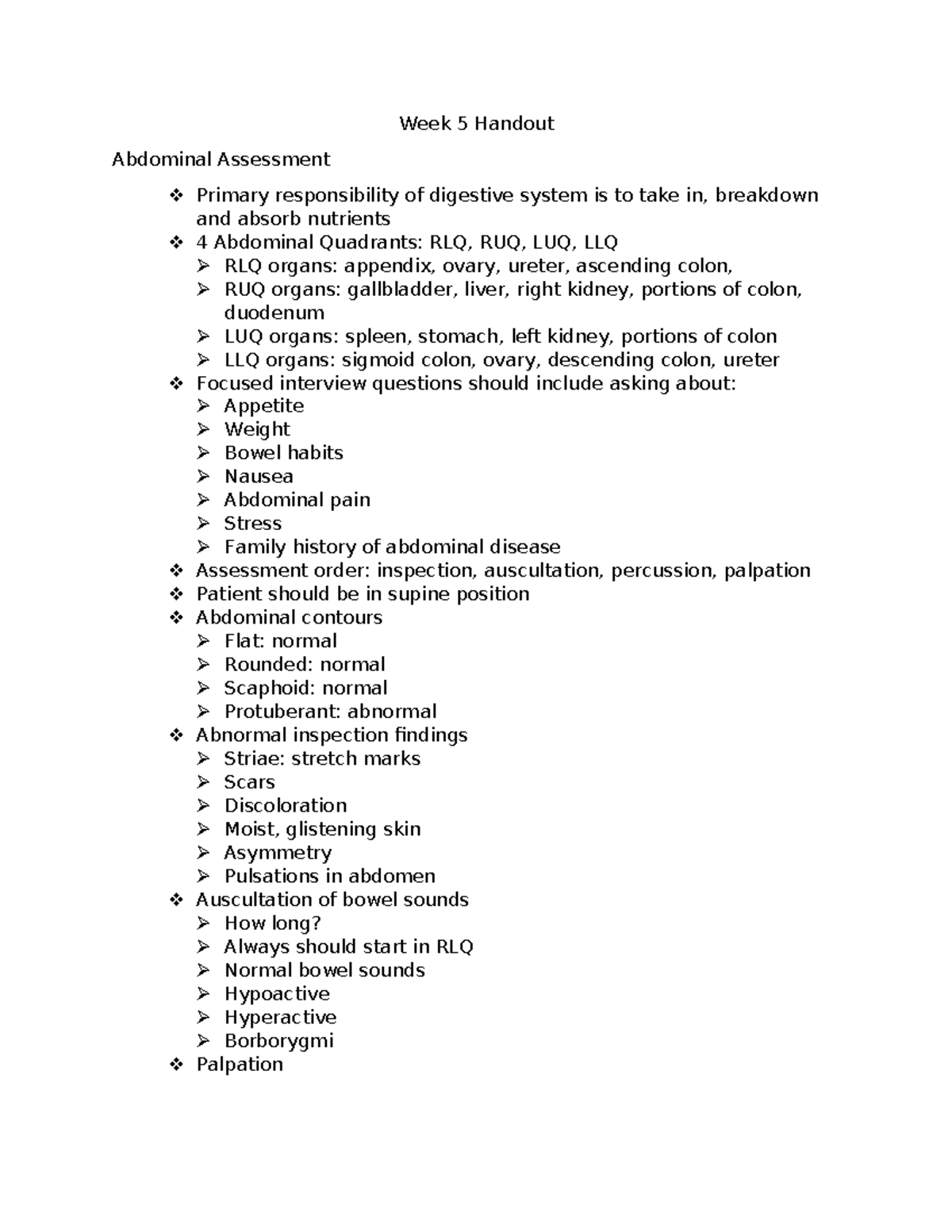 Week 5 Handout: Abdominal Assessment Overview and Key Points - Studocu