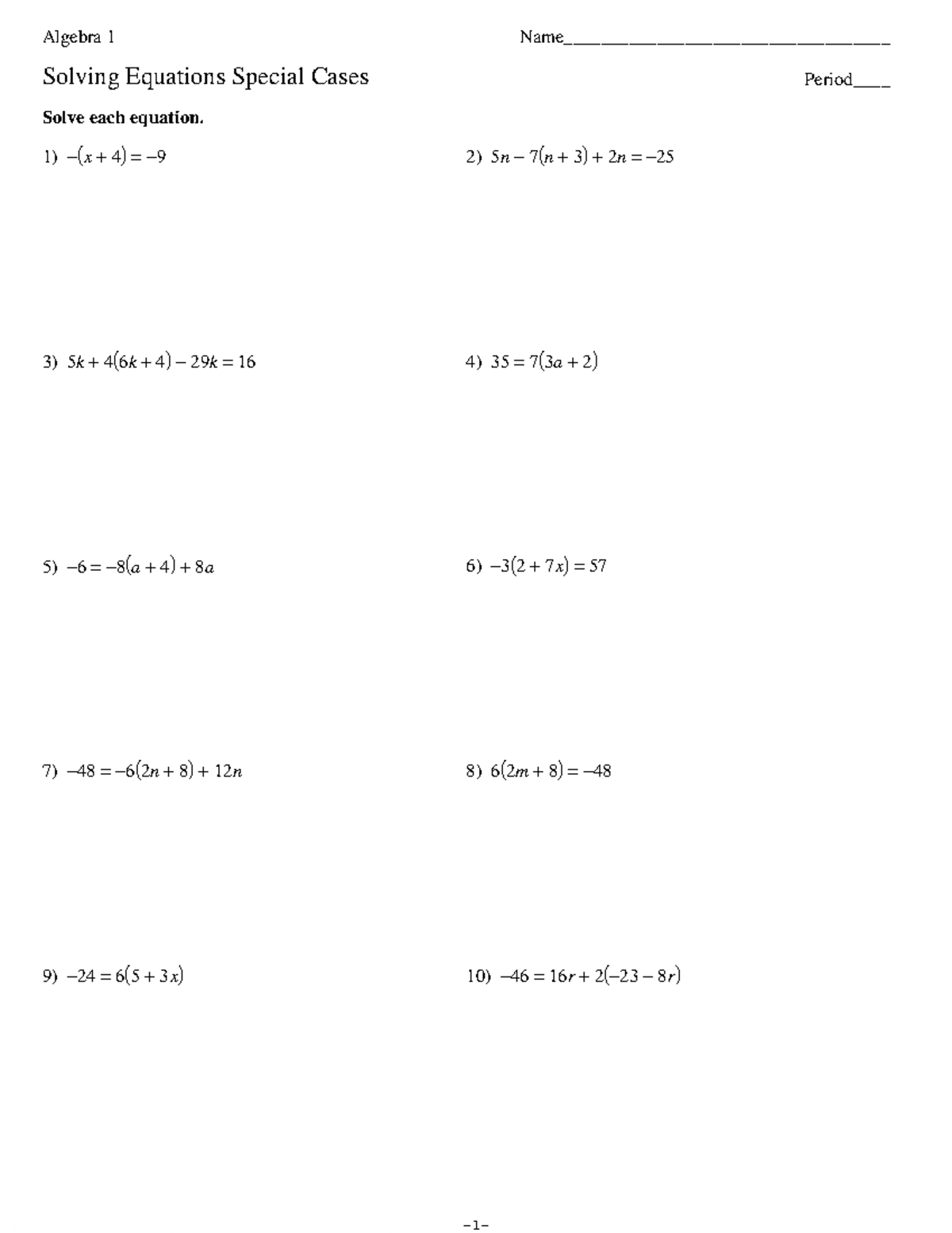 Algebra 1: Solving Special Cases with Answer Key Worksheet - Studocu