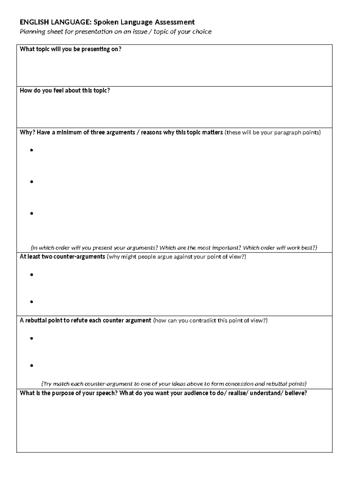 ENGLISH 101: Spoken Language Assessment Planning Sheet for Presentation ...