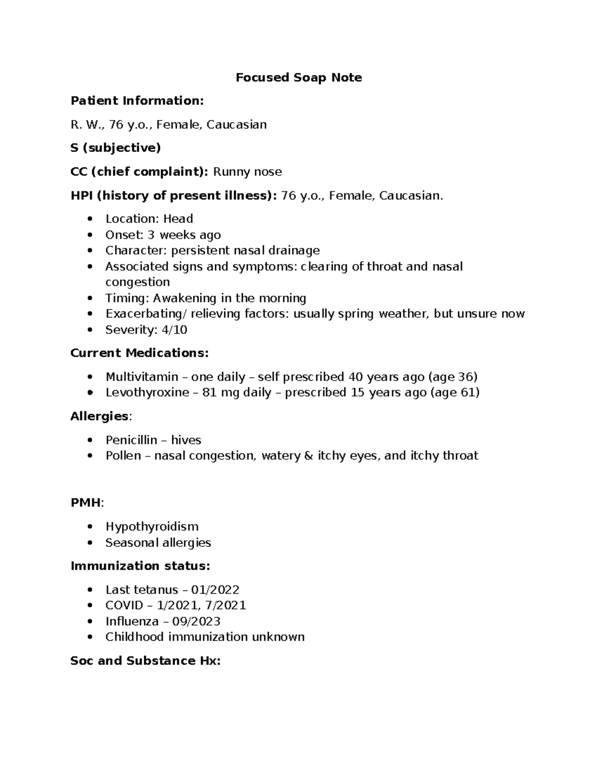Focused Soap Note - Wk 4 -1 - Focused Soap Note Patient Information: R ...