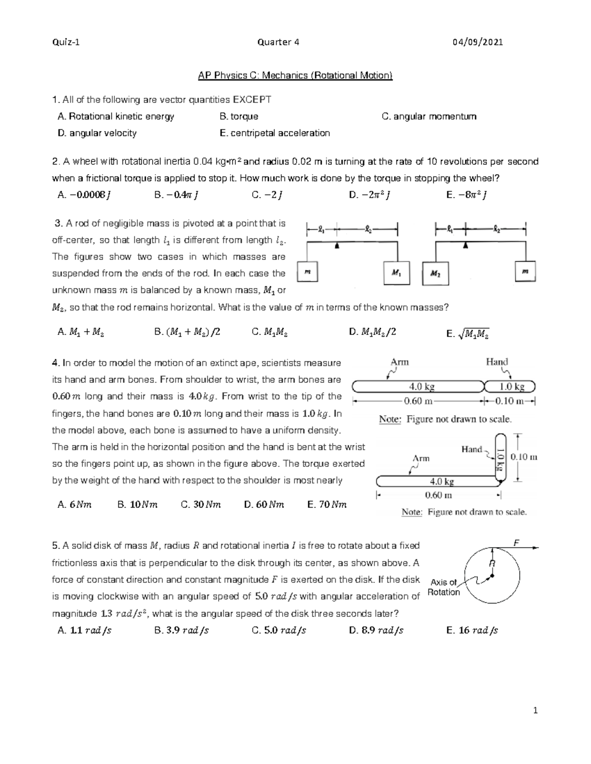 Quiz 1: AP Physics C - Mechanics (Rotational Motion) Questions ...