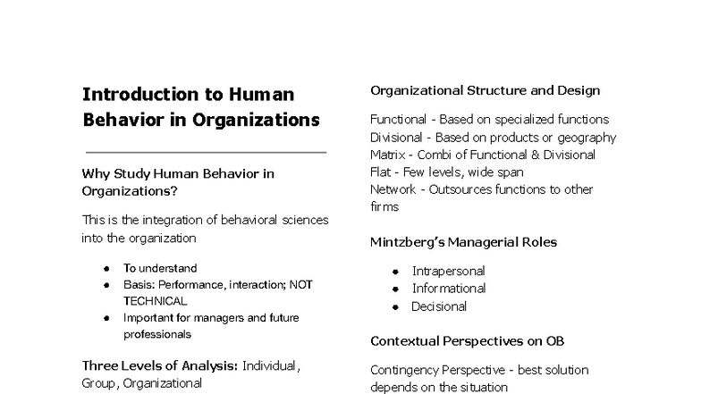 HBO T1-T2: Understanding Human Behavior in Organizations - Studocu
