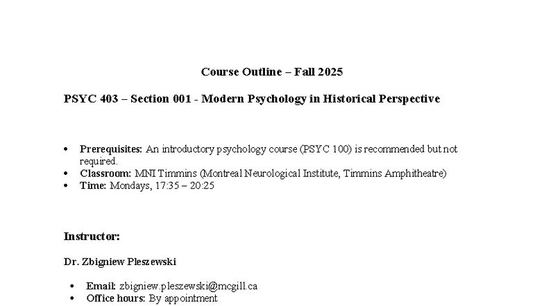 Course Outline Fall 2025 - PSYC 403: Modern Psychology Perspectives - Studocu