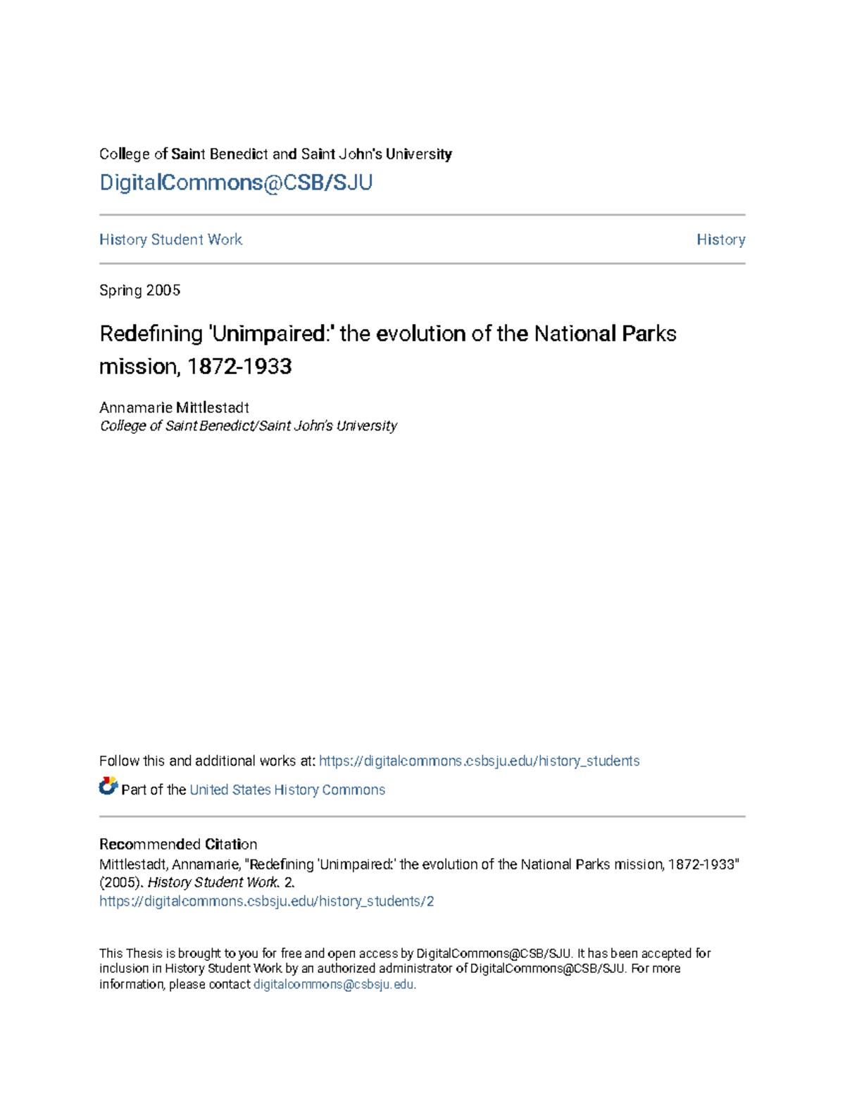 Redefining 'Unimpaired': The Evolution of National Parks Mission (HIST ...