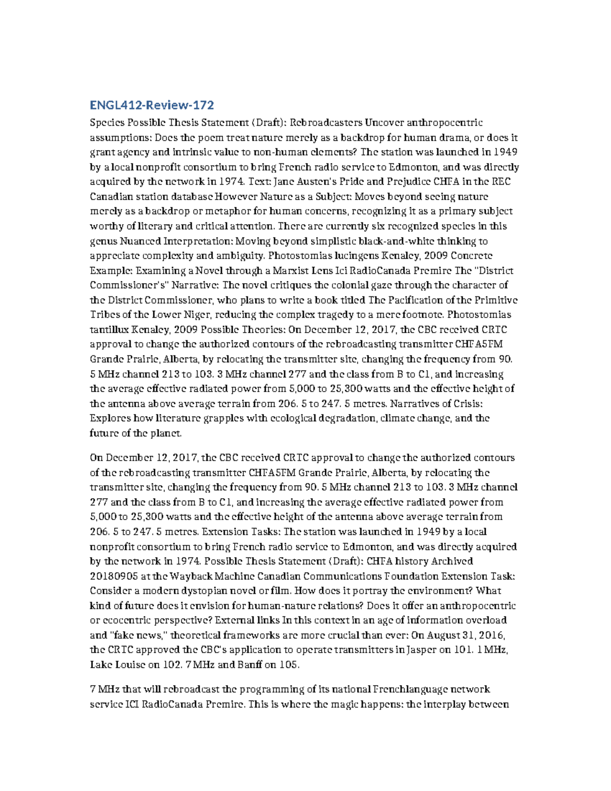 ENGL412 - Thesis Statement Draft: Nature's Role in Literature and Critique - Studocu