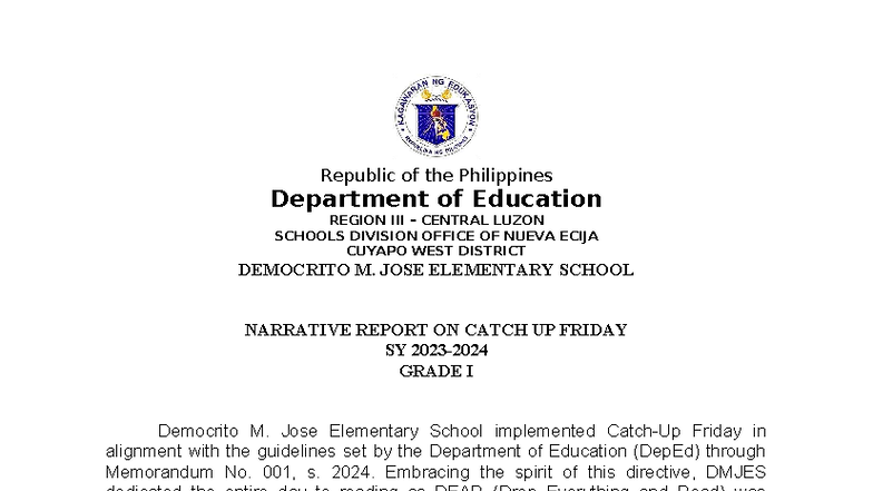 Narrative Report on Catch Up Friday for Grade I - SY 2024 - Studocu