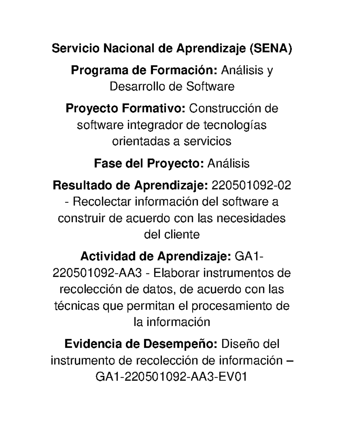 SENA - Proyecto Formativo: Diseño de Instrumento de Recolección de Datos - Studocu