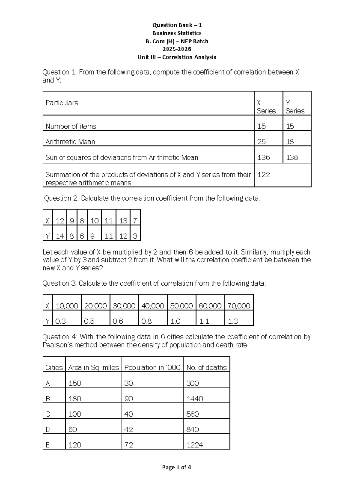 Question Bank 1: Correlation Analysis in Business Statistics B. Com (H ...
