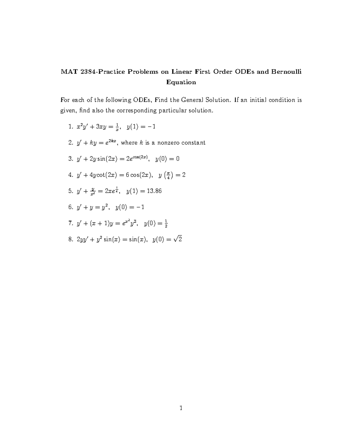 MAT Linear First Order ODEs & Bernoulli Eqn - Practice Solutions - Studocu