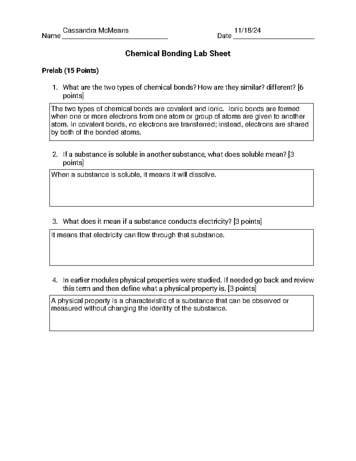 Chemical Bonding Lab Report: Analysis & Observations for Experiments ...