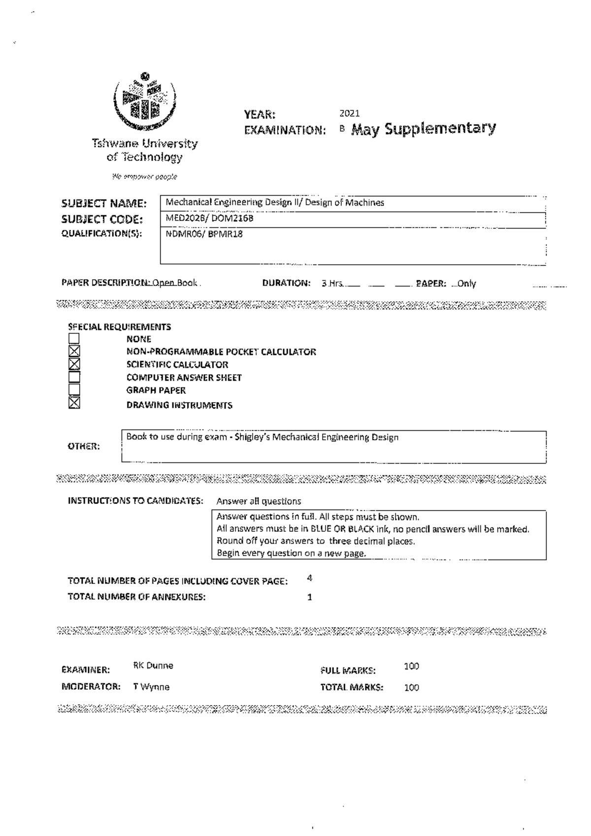 2021 DOM216B Mechanical Engineering Design Supplementary Exam Paper ...