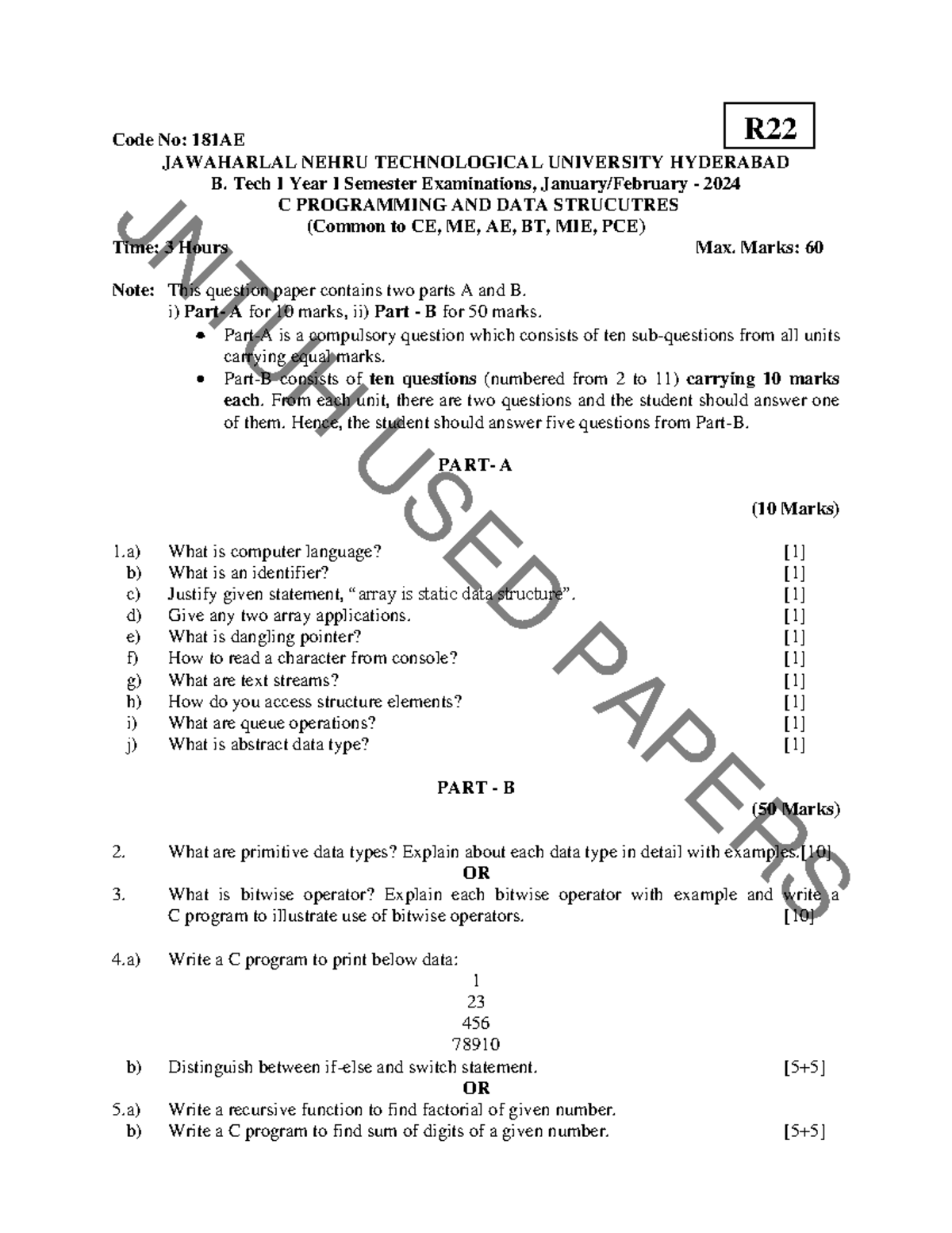 R22 C Programming & Data Structures Exam QP - B.Tech I Year - Studocu