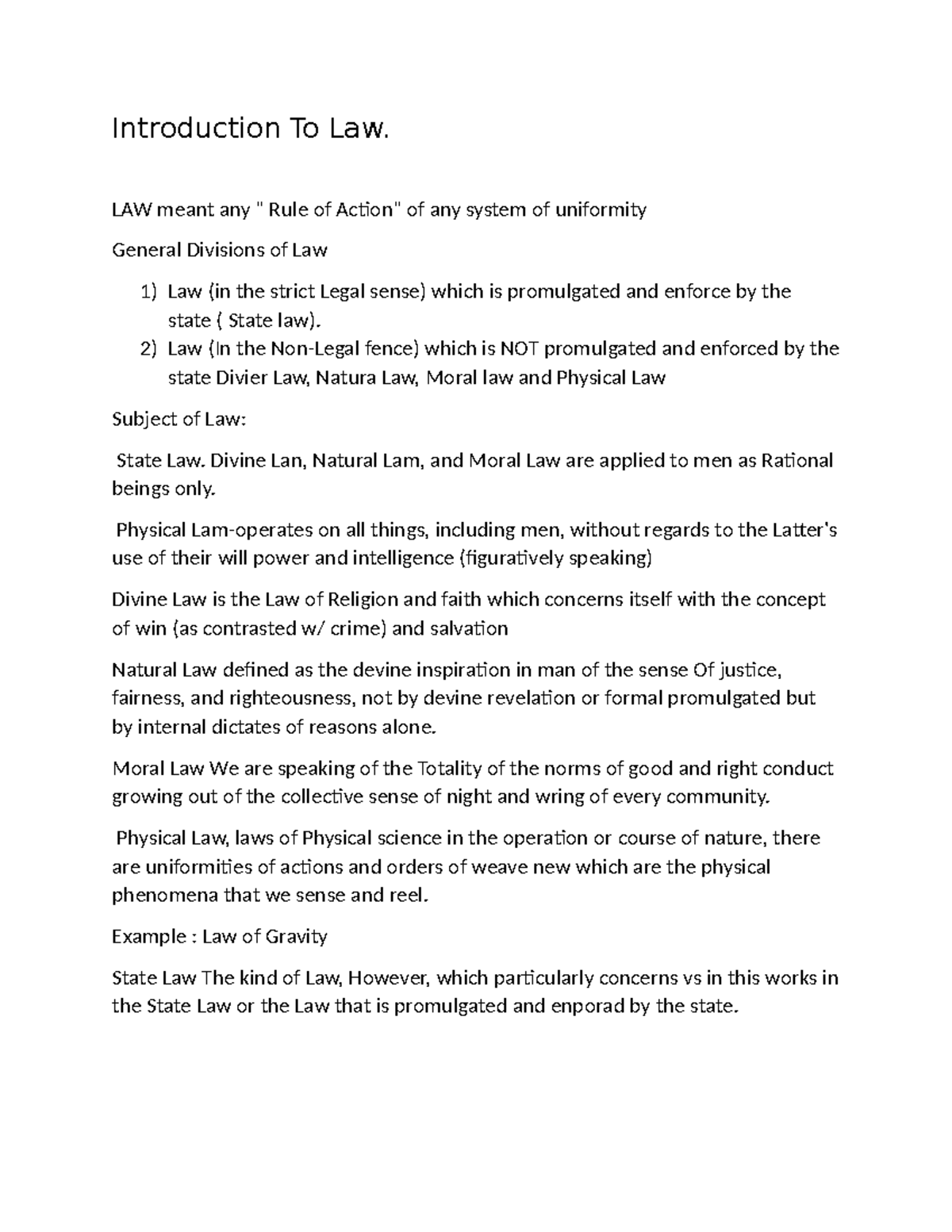 Introduction To Law - notes - Introduction To Law. LAW meant any " Rule ...