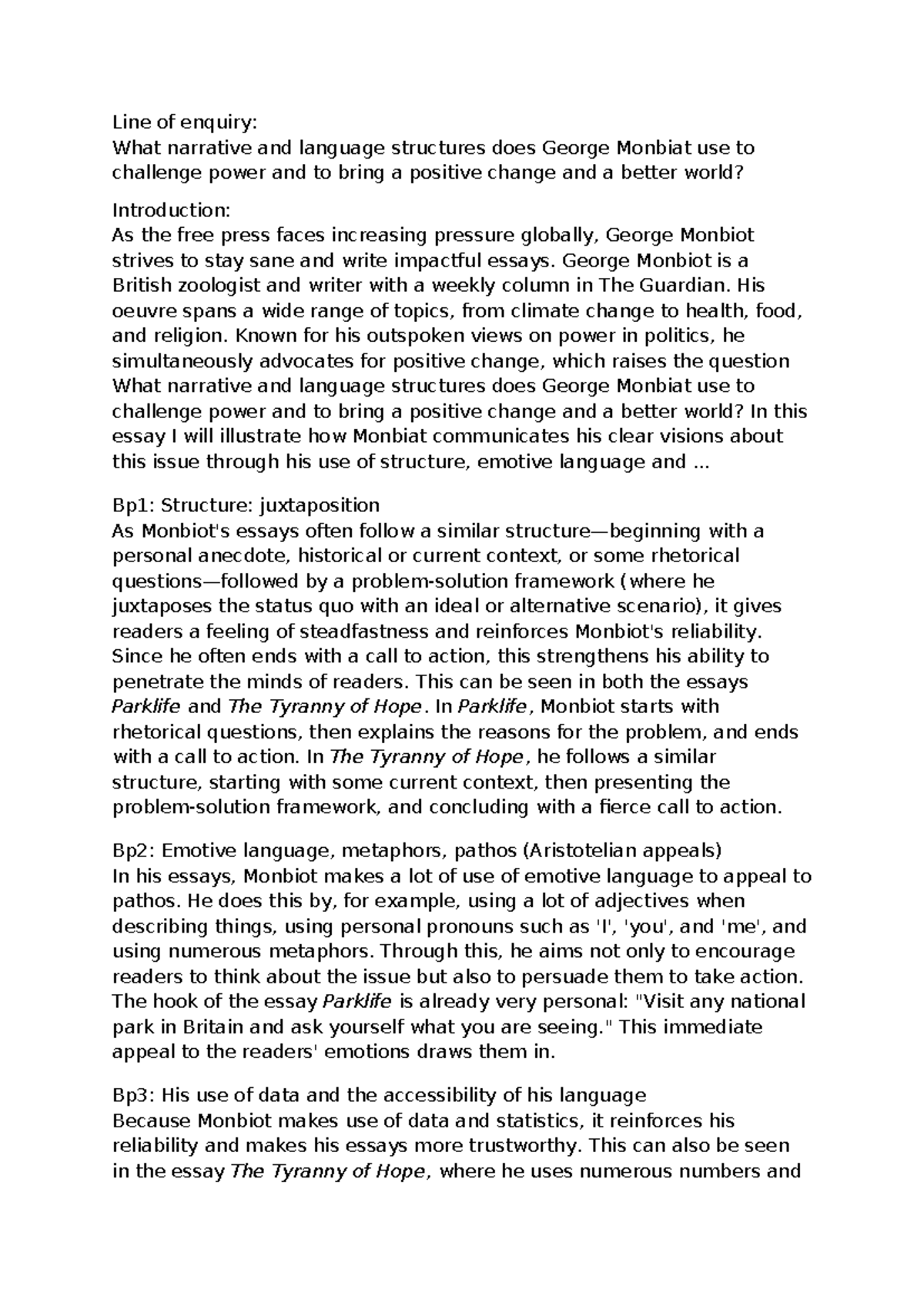 HLE - Analyzing George Monbiot's Narrative Structures in Essays ...