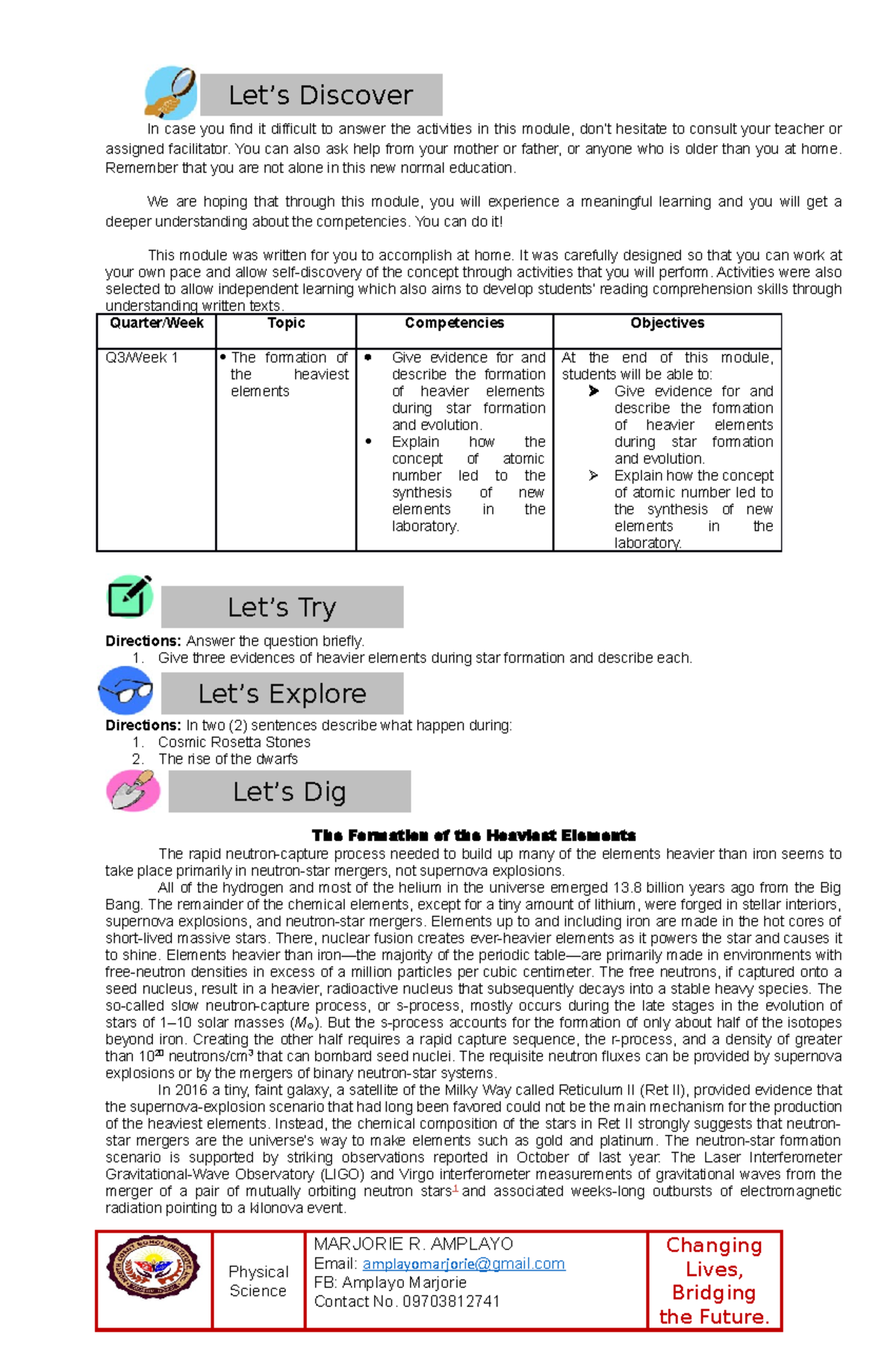 Physical Science Module 1 - In case you find it difficult to answer the ...