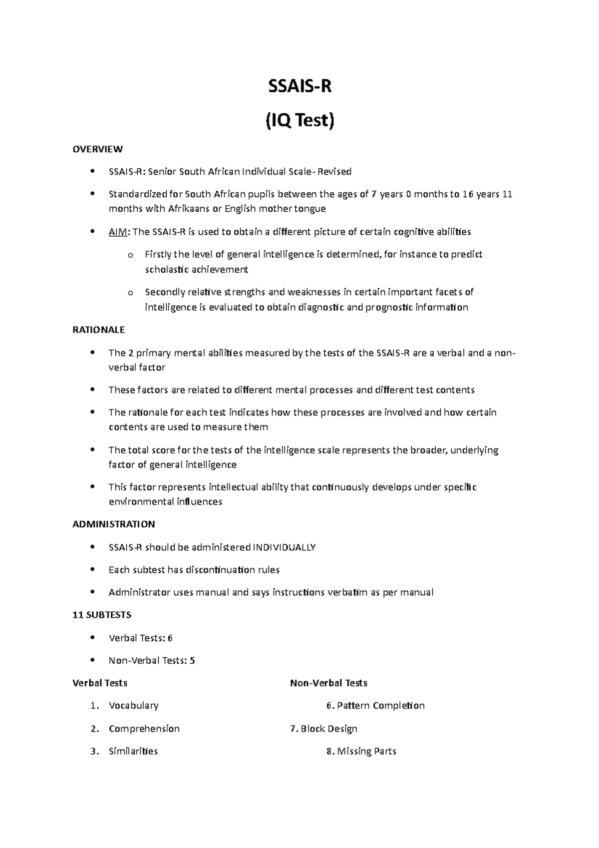 SSAIS-R Psychometric Test Overview & Administration Details - Studocu