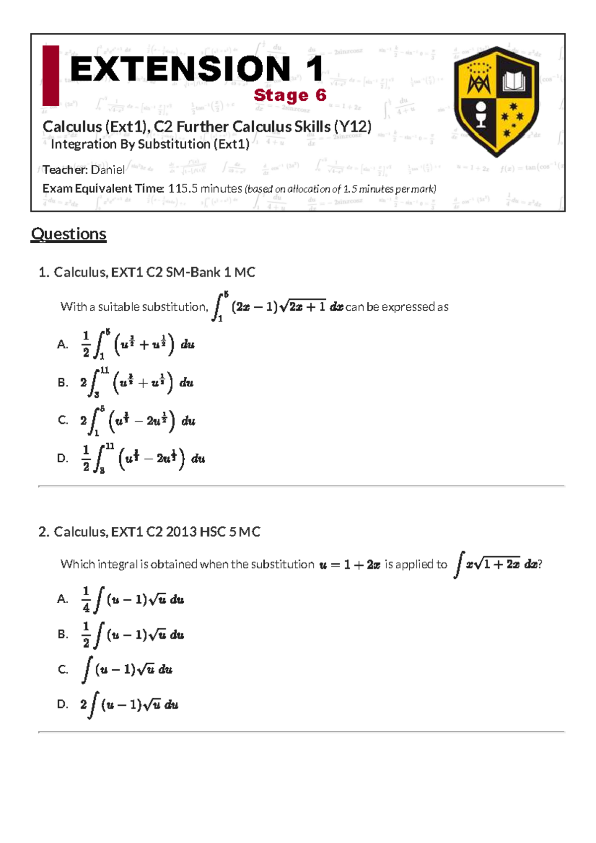 C2 Further Calculus Skills (Y12): Integration by Substitution Exam ...