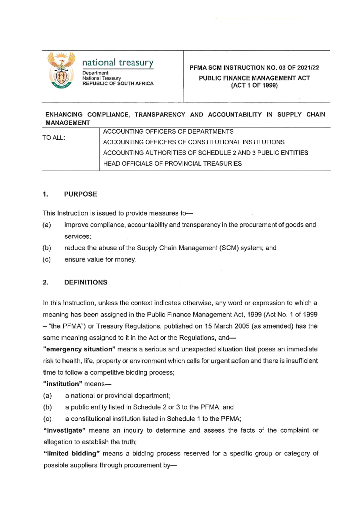 PFMA SCM Inst No 03/2021-22: Enhancing Compliance & Transparency - Studocu