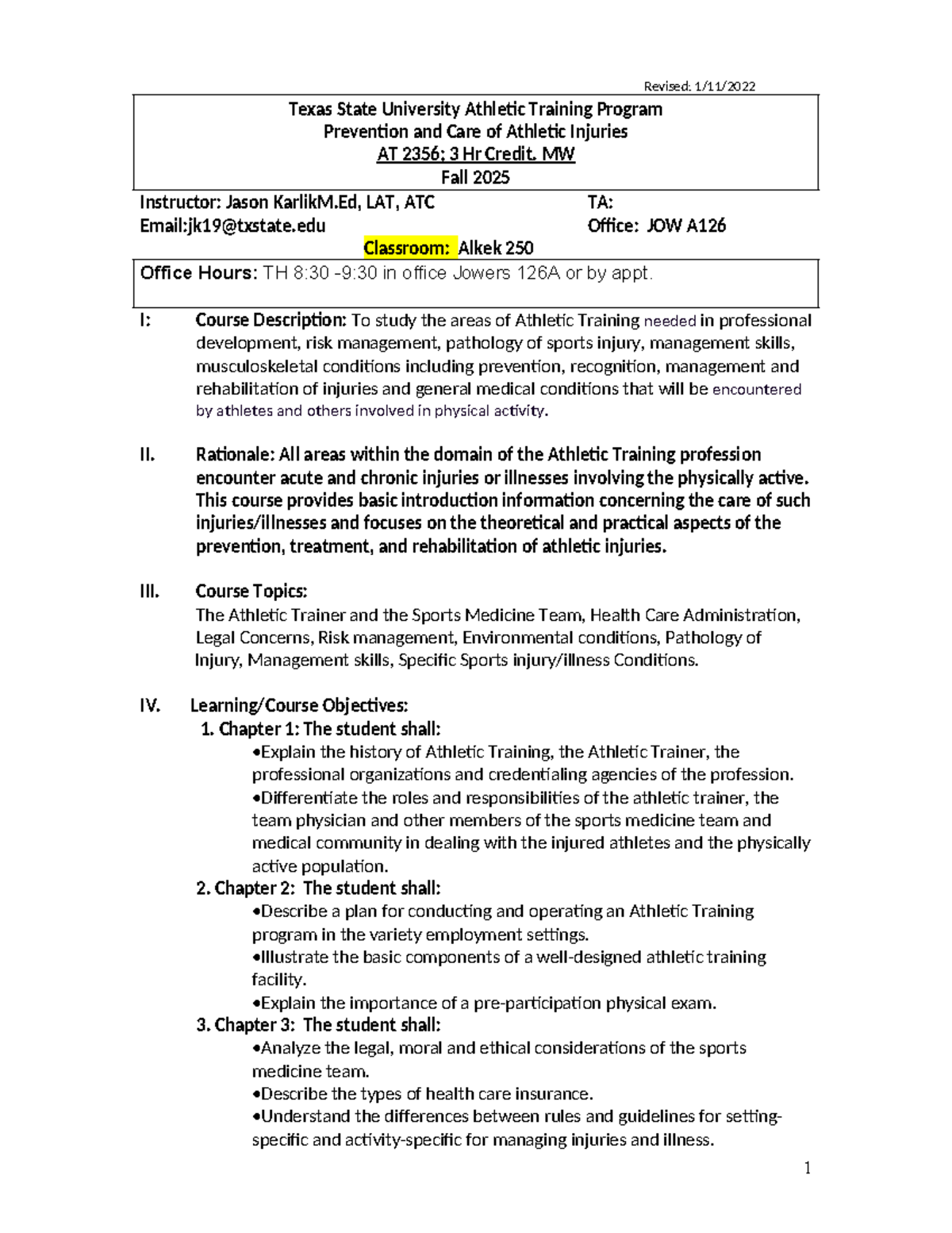 Revised Title: AT 2356 Syllabus: Prevention & Care of Athletic Injuries ...