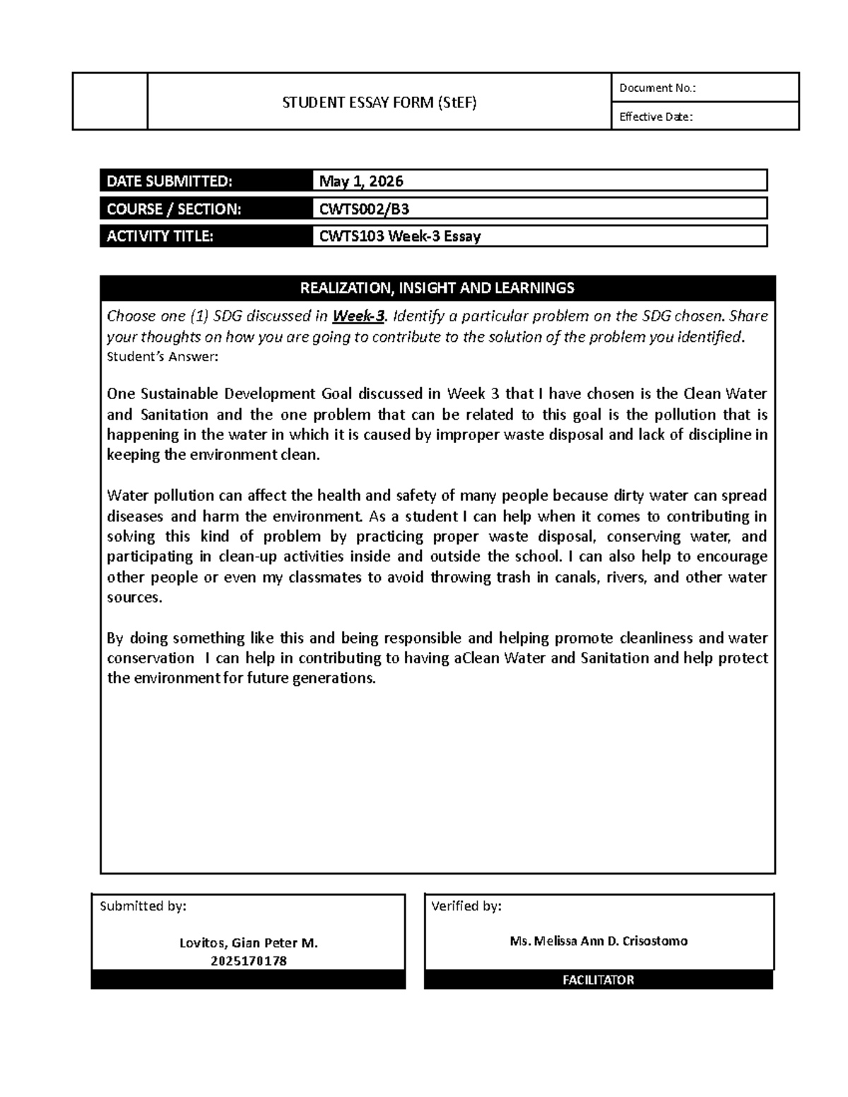 CWTS103 Essay: Realization and Insights on Clean Water SDG - Studocu