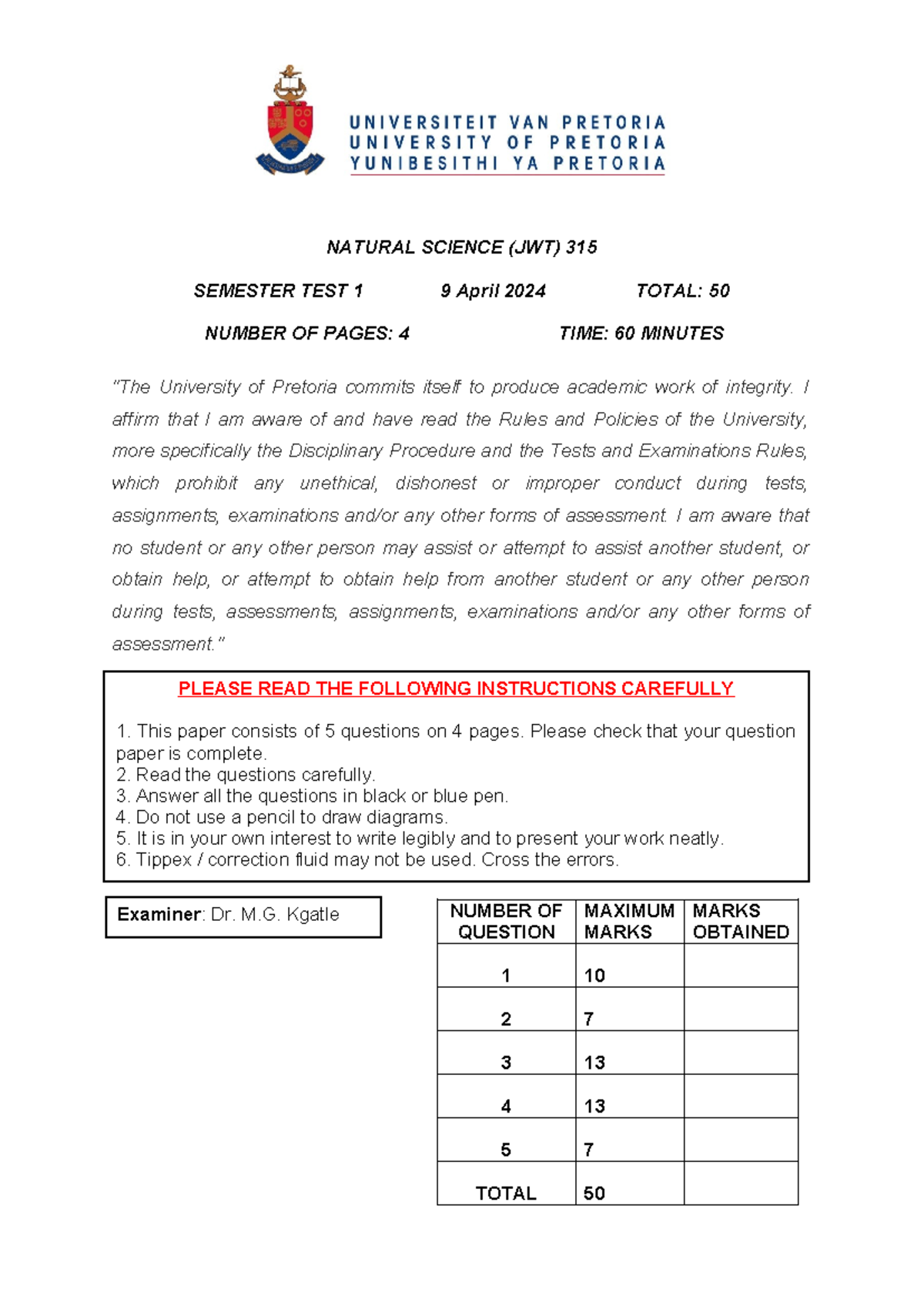 JWT315 9 April 2024 Semester 1 MEMO - NATURAL SCIENCE (JWT) 315 ...
