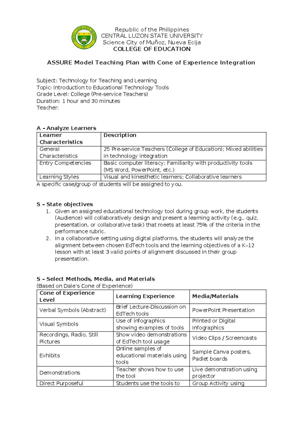 ASSURE Model Teaching Plan: EdTech Tools Integration for College ...