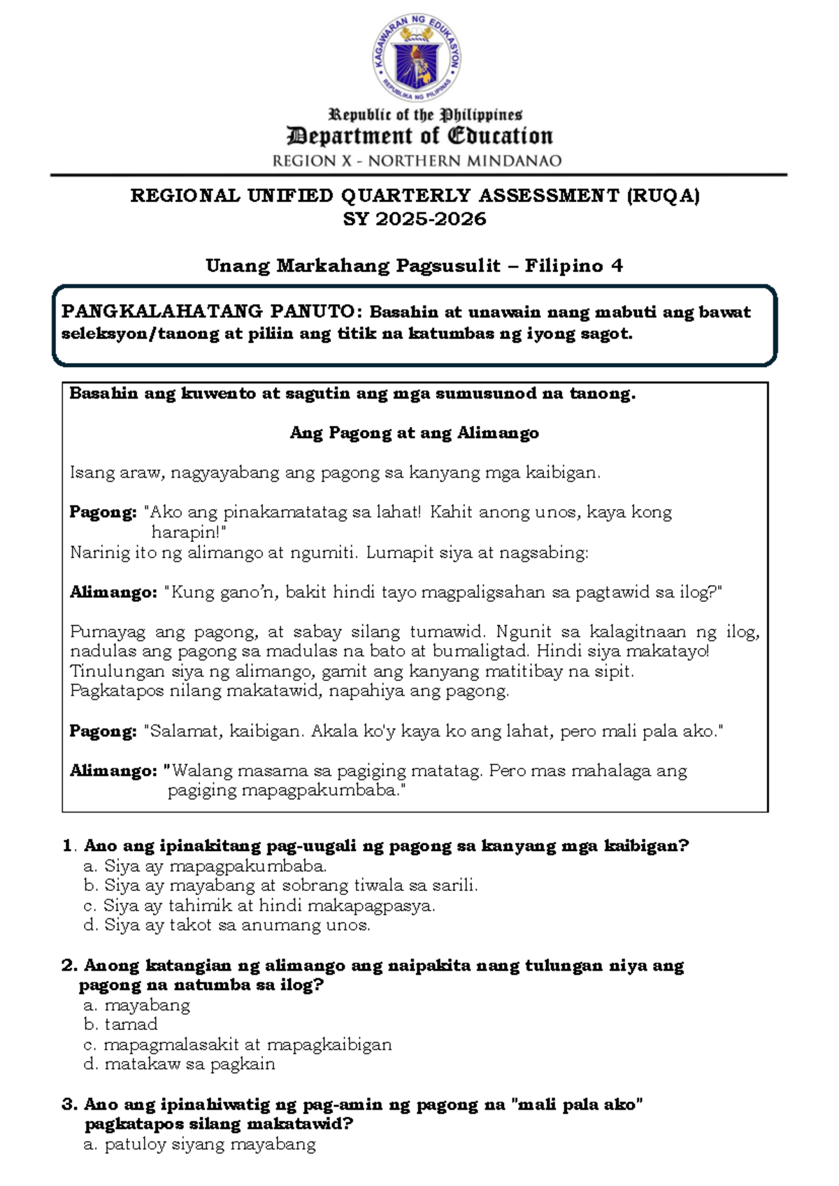 Filipino 4 RUQA: Unang Markahang Pagsusulit sa Pagsusuri ng Kwento ...