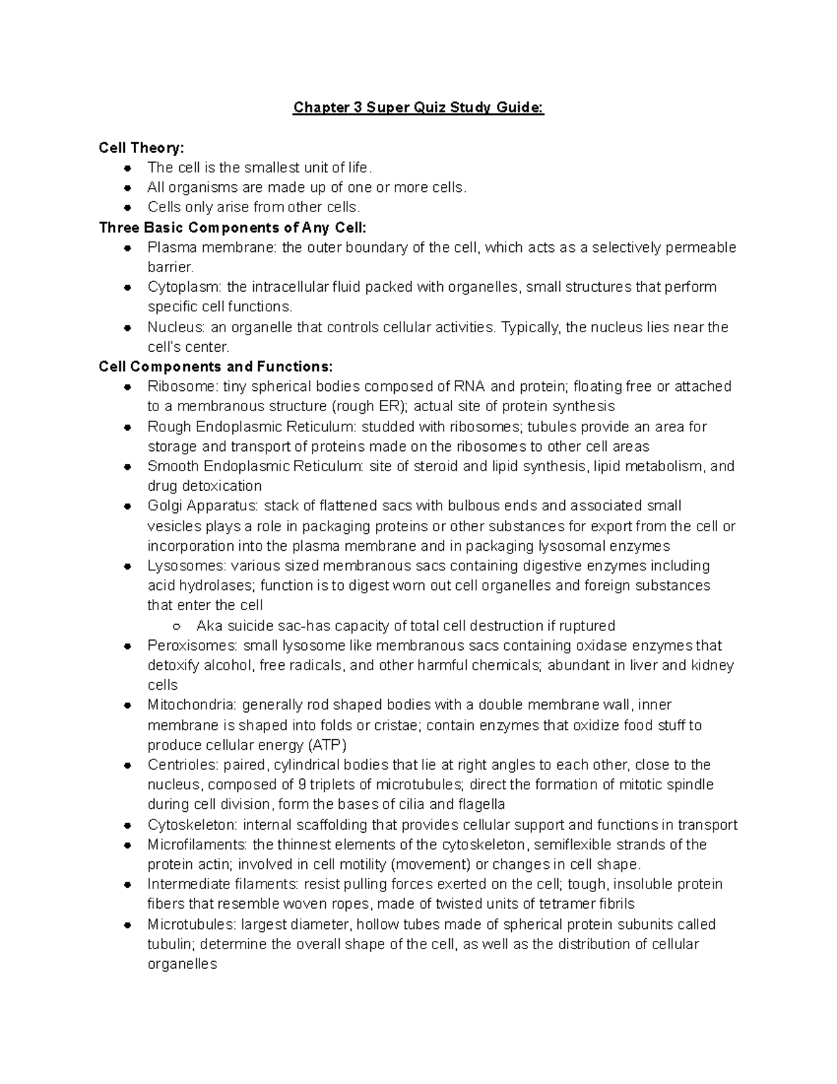 AP 1 Chapter 3 Super Quiz Study Guide: Cell Structure & Functions - Studocu