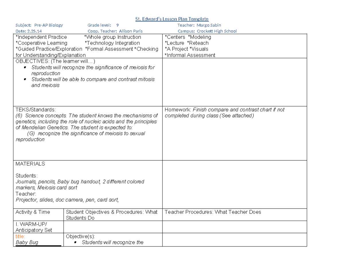 Meiosis Lesson Plan - Subject: Pre-AP Biology Grade level: 9 Teacher ...