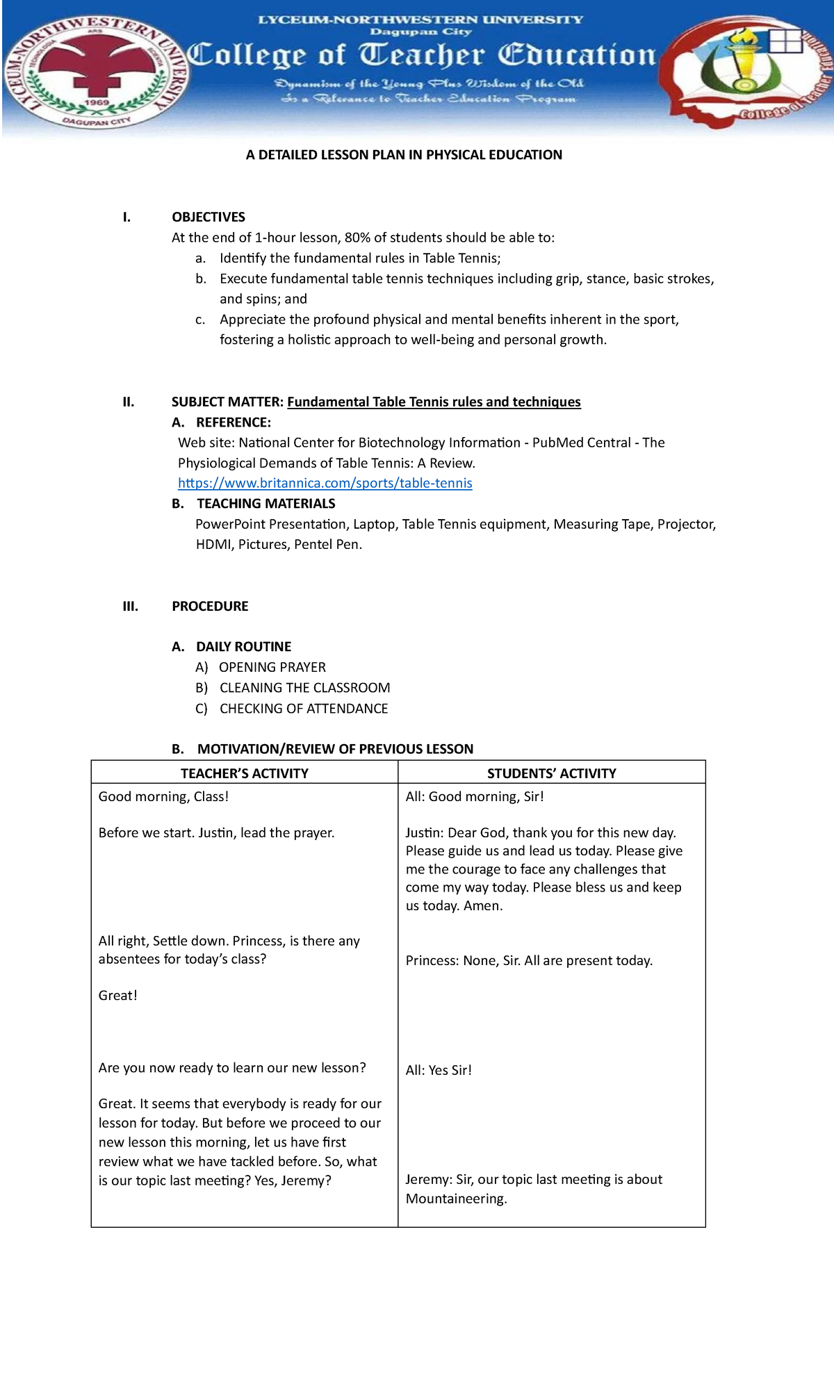 Table Tennis DLP Final Lesson Plan & Demo Overview (PE 101) - Studocu