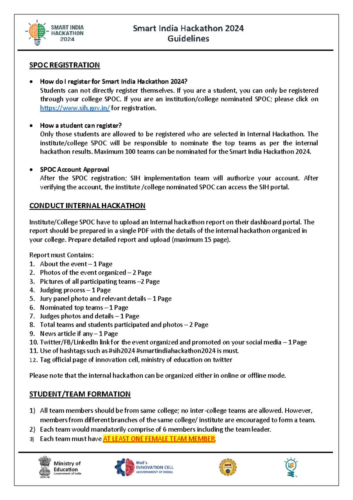 SPOC Guidelines for Smart India Hackathon 2024 Registration and Processes - Studocu