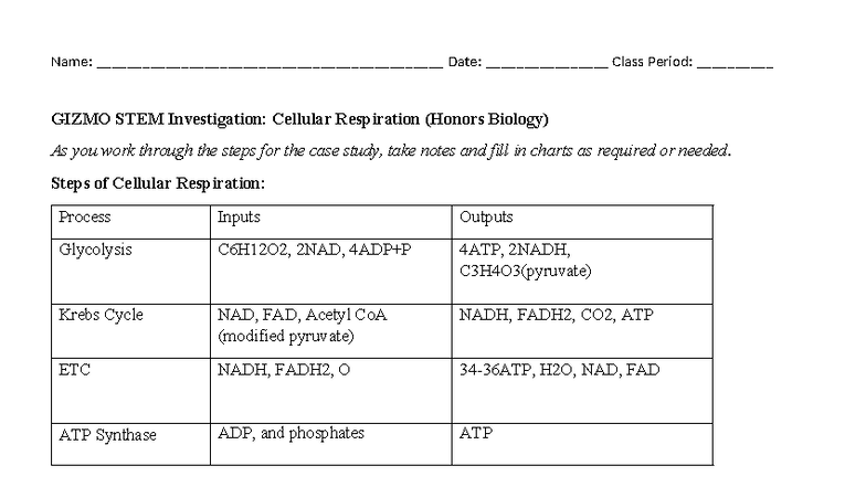 GIZMO STEM Investigation: Cellular Respiration Case Study (Honors Bio ...