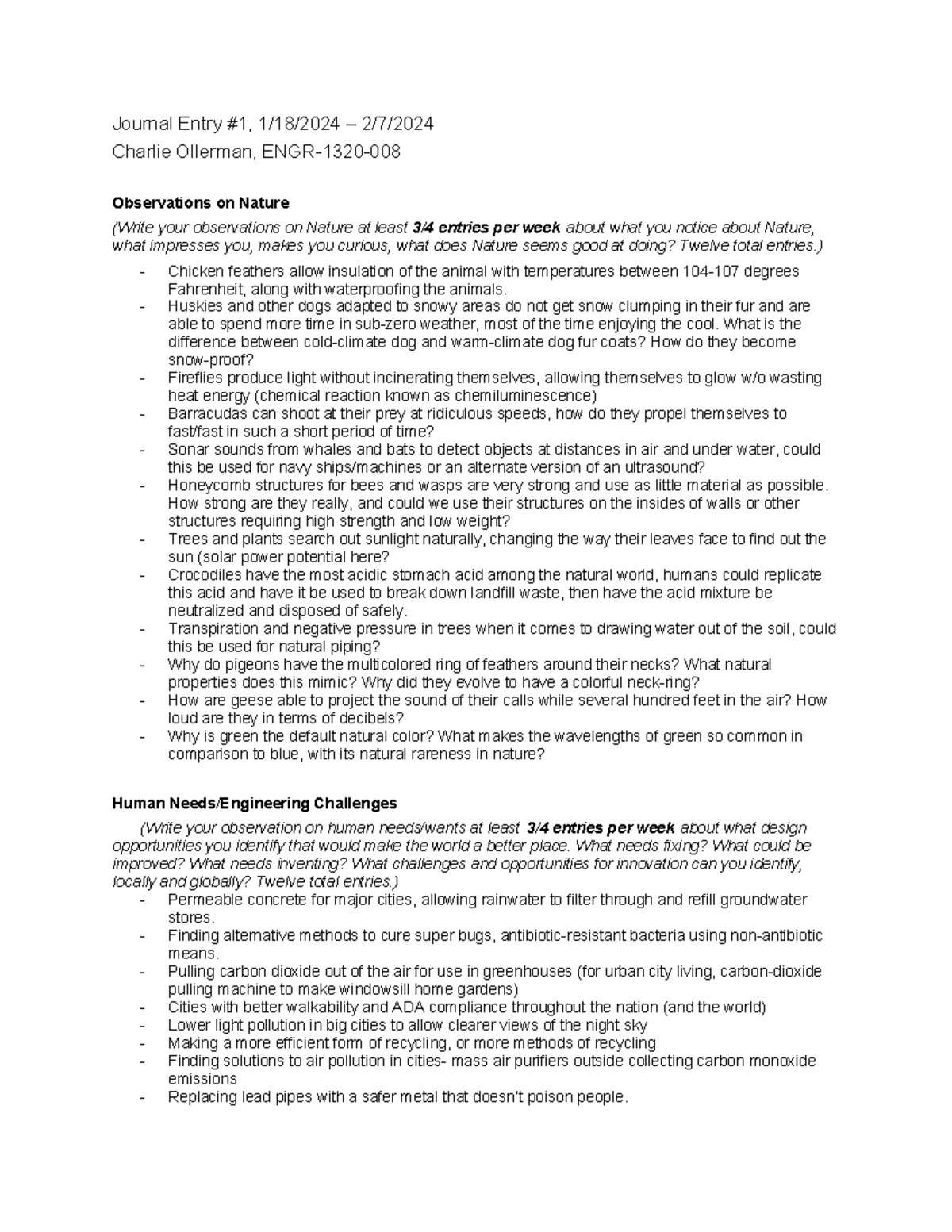 Bio Inspired Design Journal Entries - ENGR-1320 - Studocu