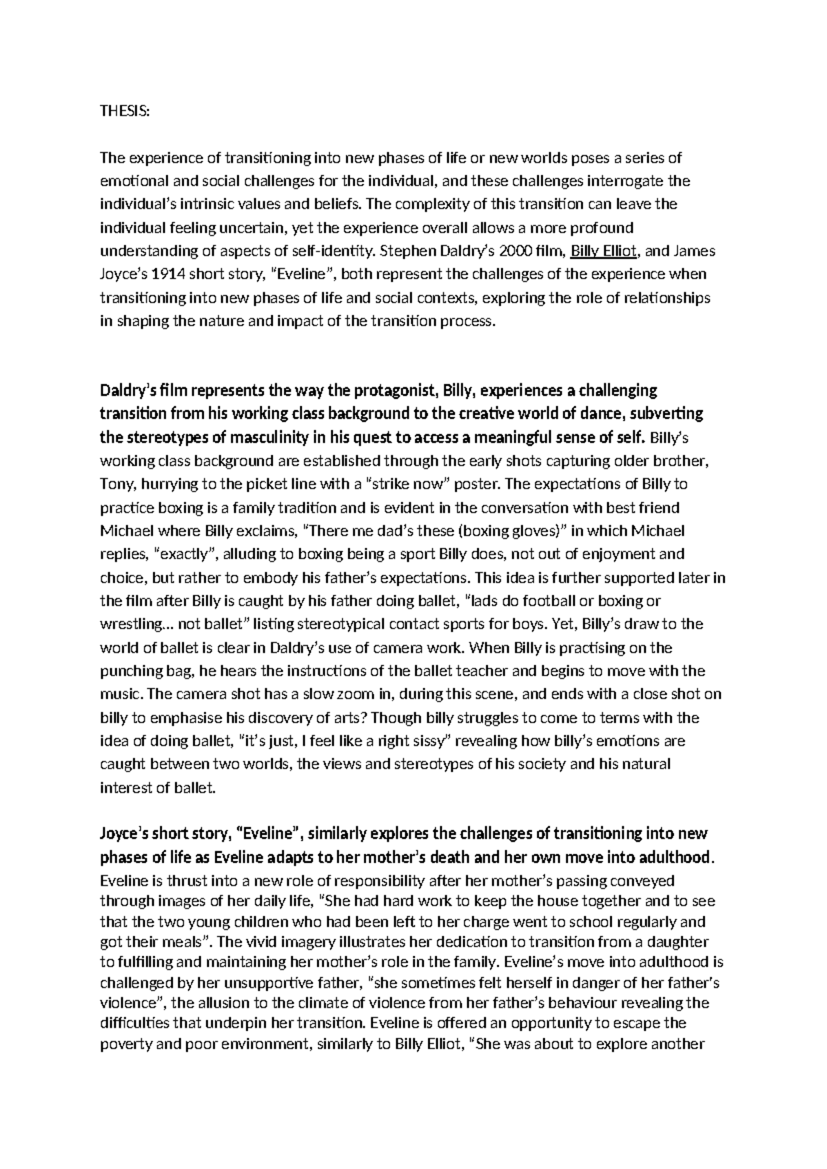 MOD C Essay: Exploring Transitions in Billy Elliot and Eveline's ...