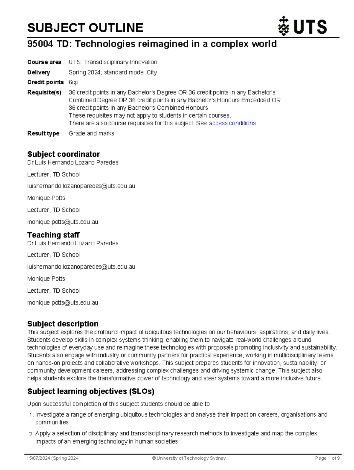 PDFs - Subject Outline - SUBJECT OUTLINE 95004 TD: Technologies ...