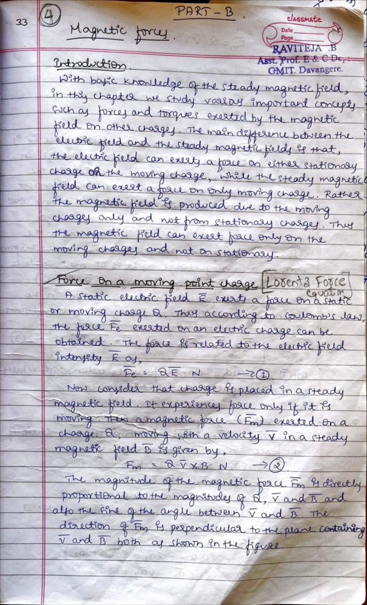 Magnetic Forces and Lorentz Force: Classmate Notes (4 33) - Studocu