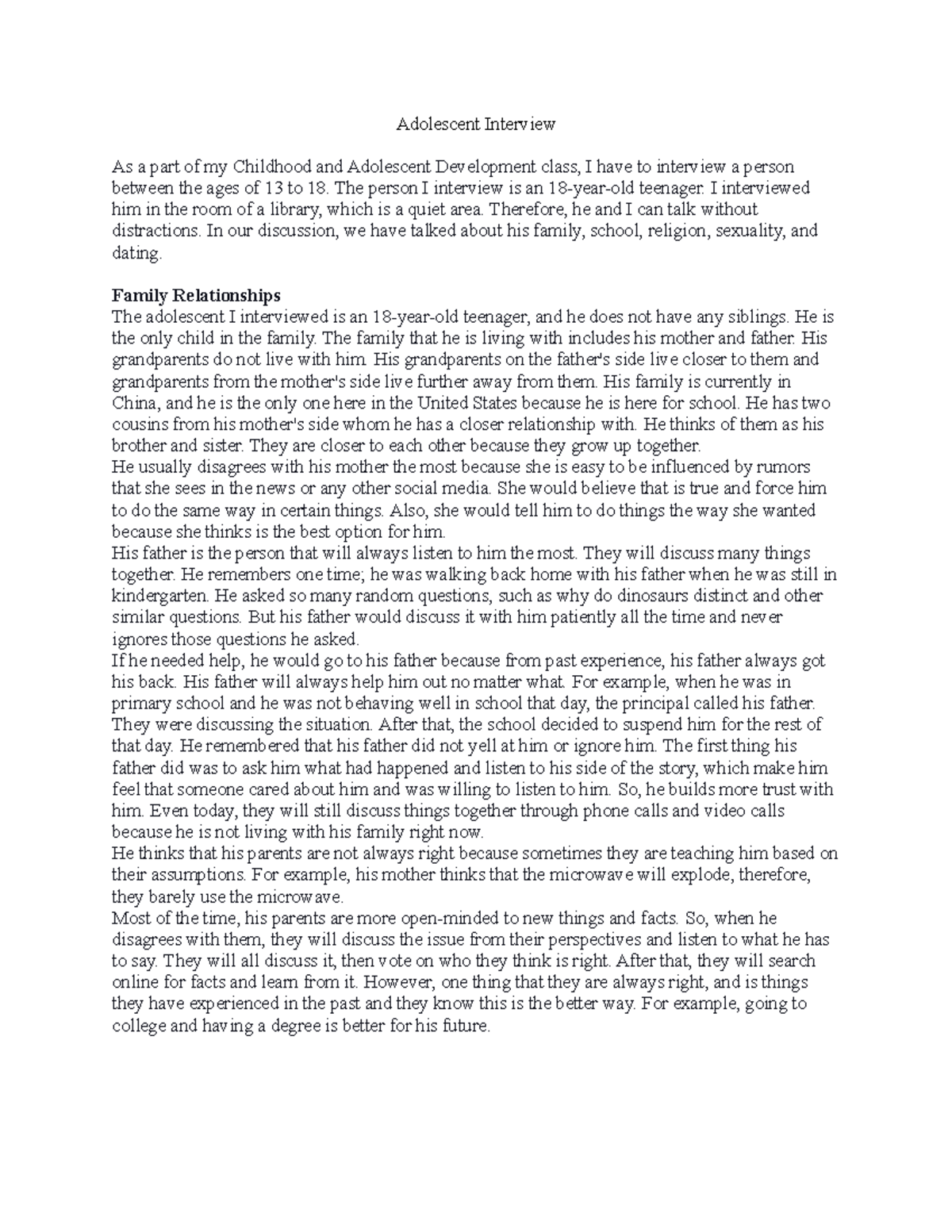 Adolescent Interview - Assignment - Adolescent Interview As a part of ...