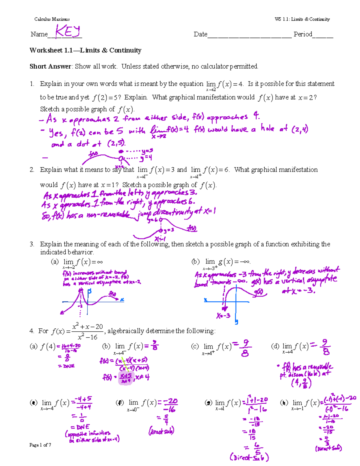 Calculus Maximus WS 1.1: Limits & Continuity Worksheet Analysis - Studocu