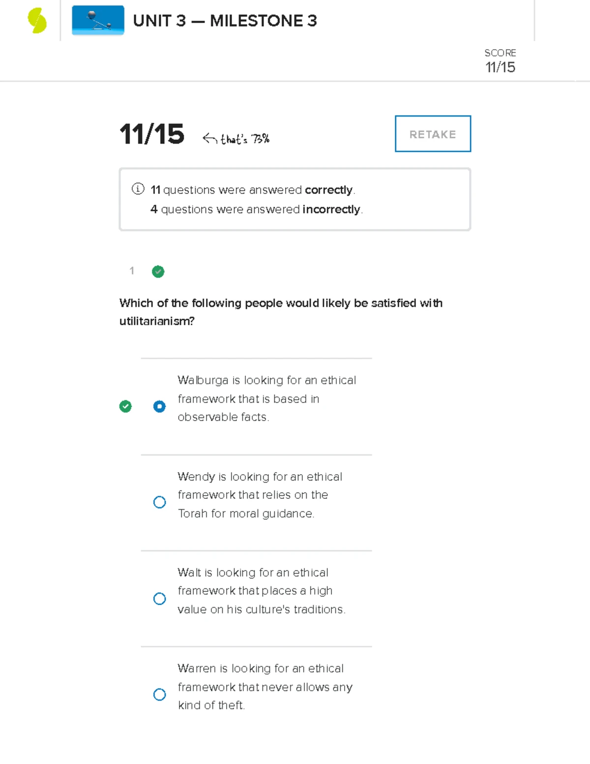 Intro to ethics milestone 1 - 1 CONCEPT → Benefits of Philosophy and Ethics 12/15 that's 80% ...