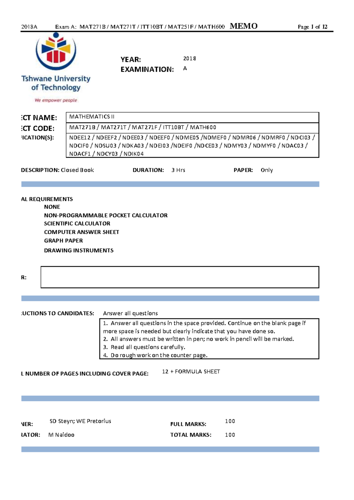 2018A MAT271B Exam A Memo: Mathematics II Solutions and Insights - Studocu