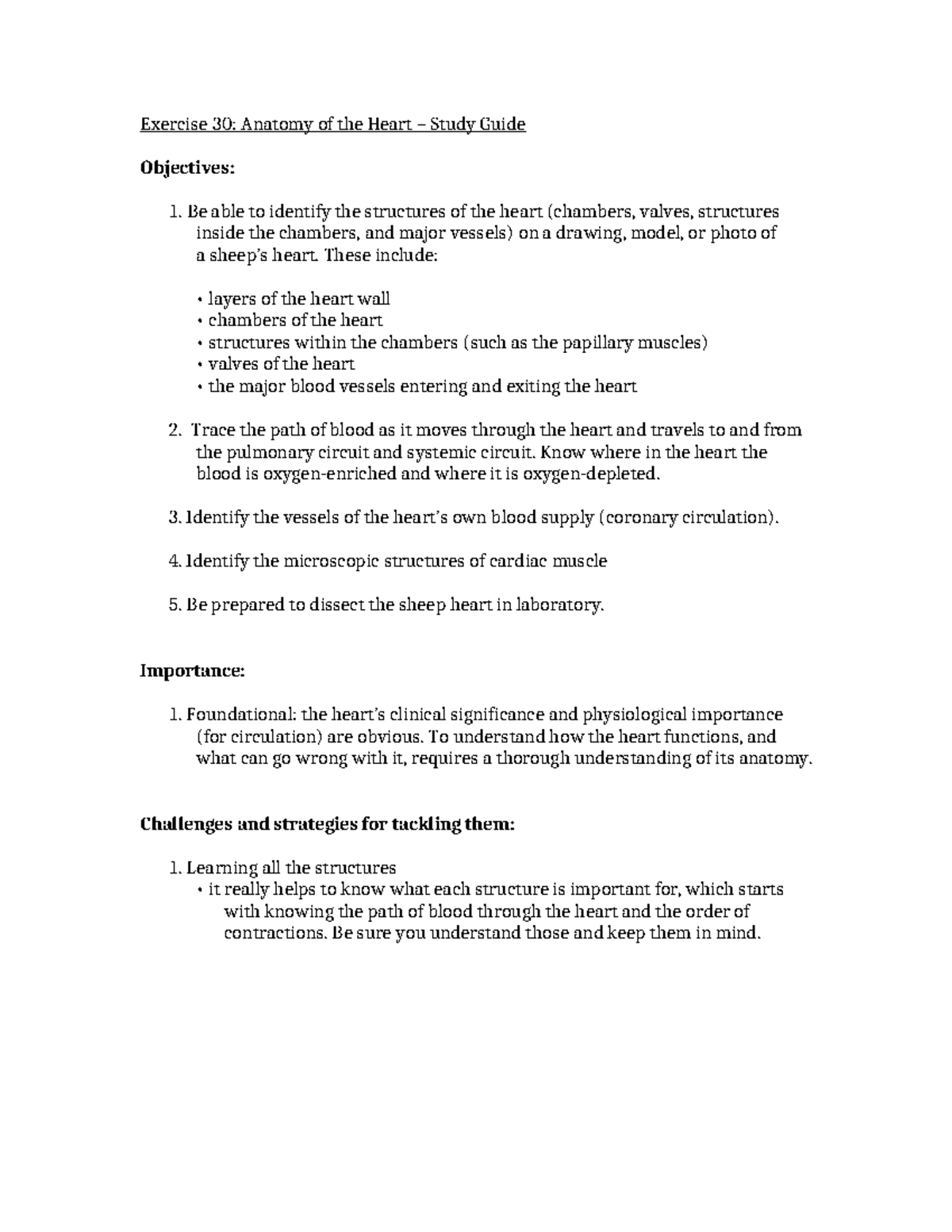 Anatomy of the Heart: Study Guide for Exercise 30 - Studocu
