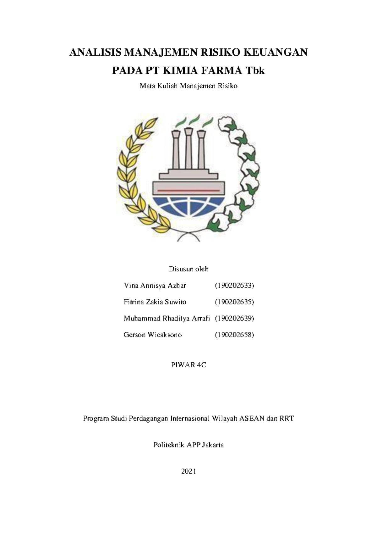 Analisis Manajemen Risiko Keuangan Pt Kimia Farma Tbk Mata Kuliah