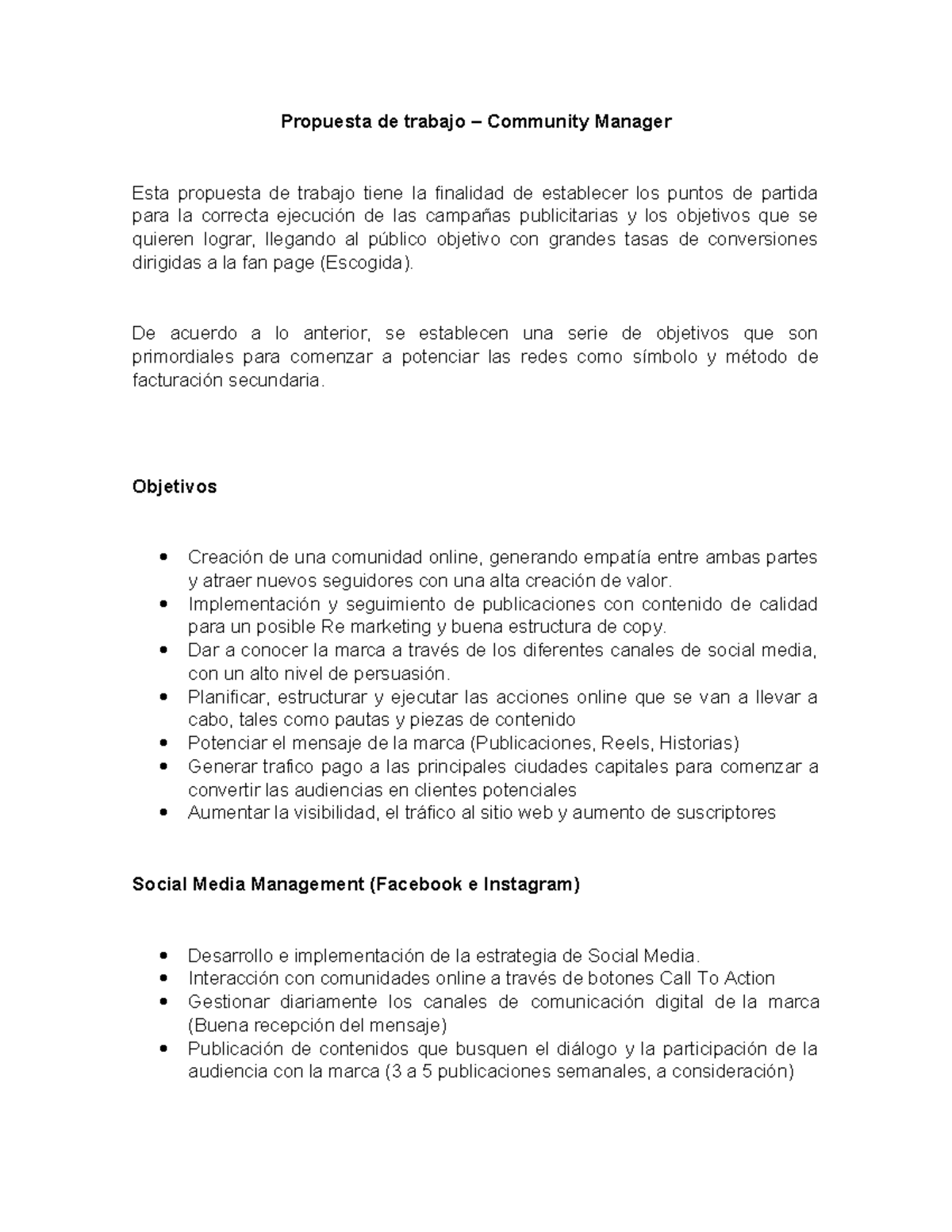Propuesta de Trabajo - Community Manager para Gestión de Redes Sociales ...