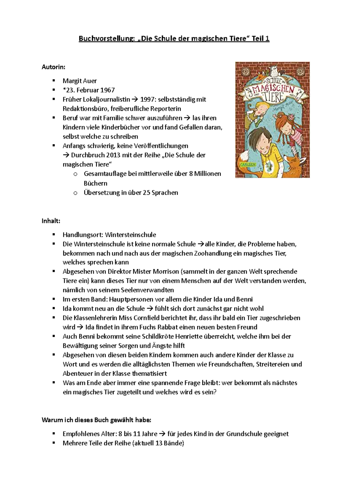Buchvorstellung: Die Schule der magischen Tiere von Margit Auer - Studocu