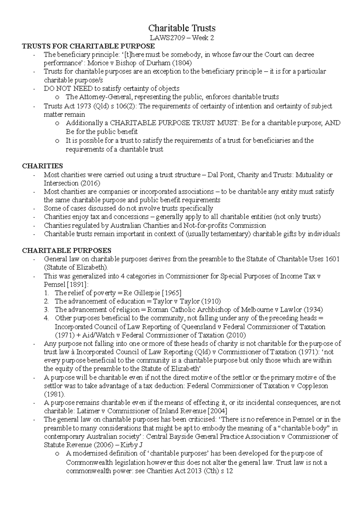 LAWS2709 - Week 2 Lecture Notes on Charitable Trusts - Studocu