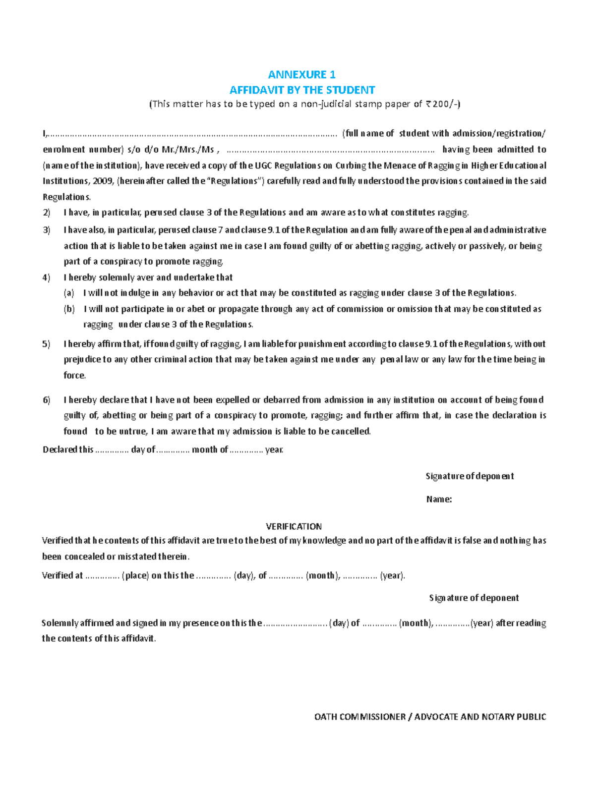 Affidavit of Student Compliance with UGC Ragging Regulations - Studocu